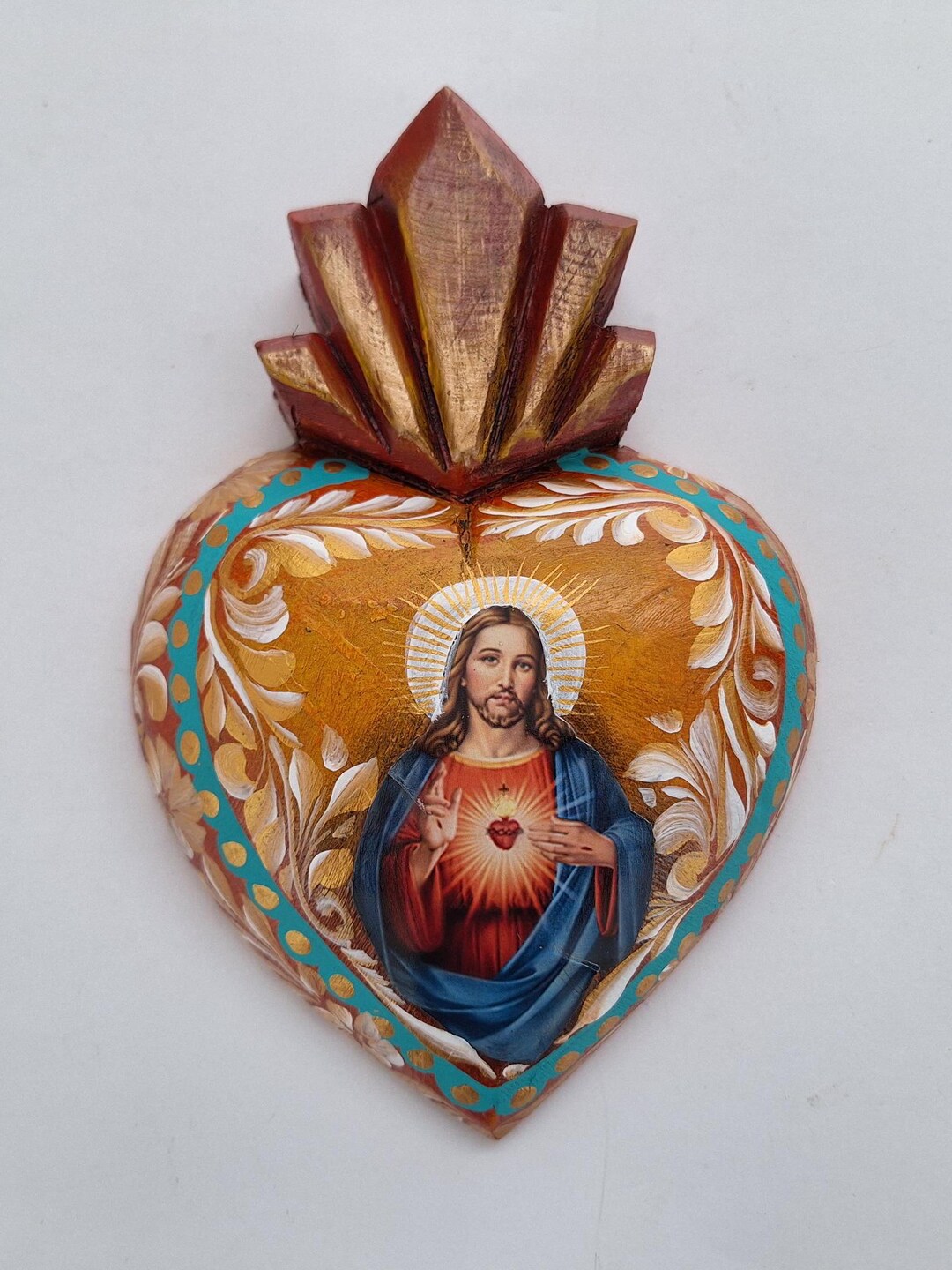 Wooden Handcrafted Heart W/ Sacred Heart of Jesus, Mexican Folk Art ...