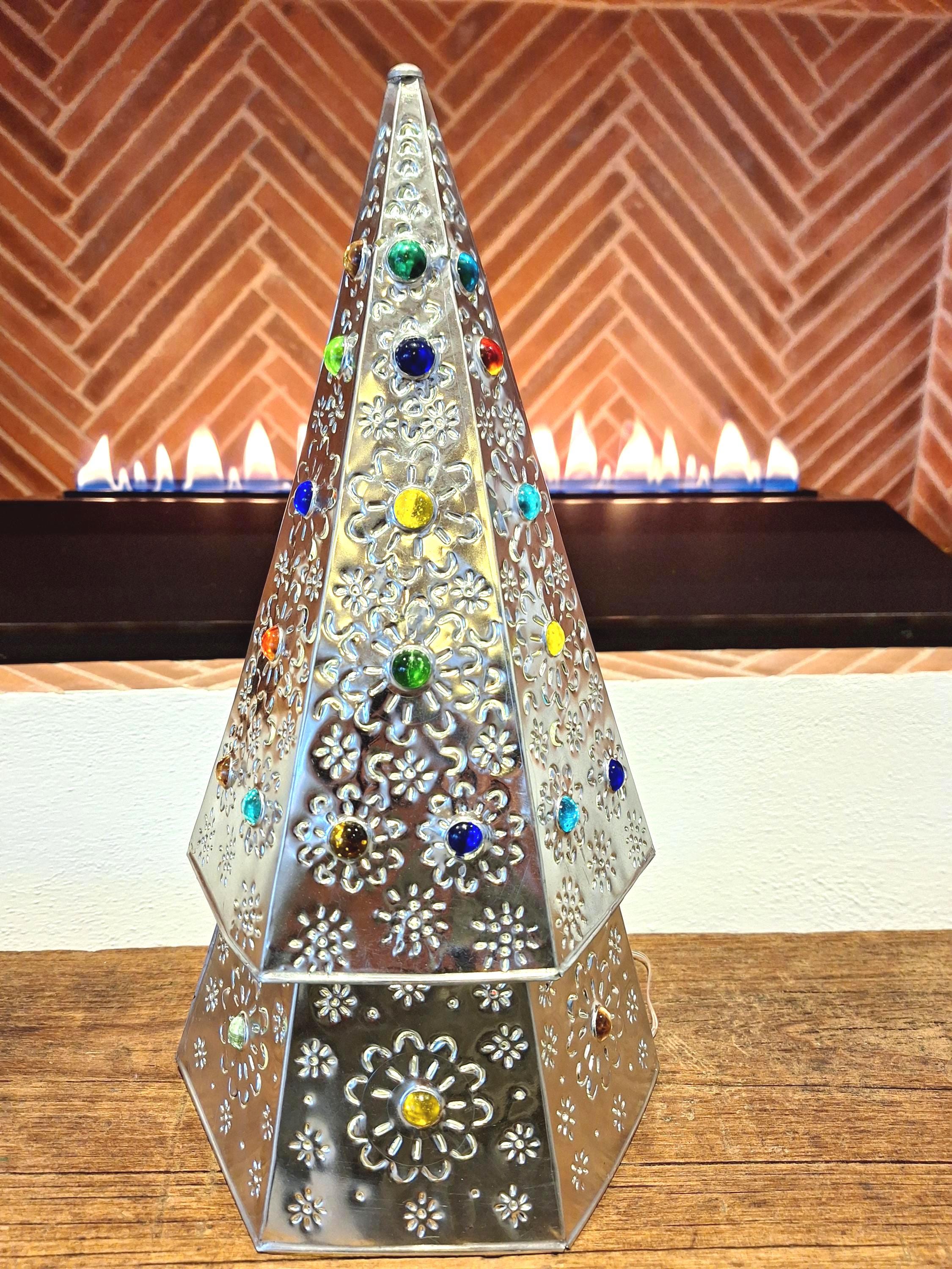 Mexican Silver Tin Christmas Tree With Marbles, Handmade Tabletop Decor ...