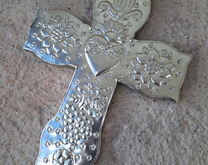 Large Repousse Tin Silver Cross, Artisanal Handtooled Tin Silver Cross ...