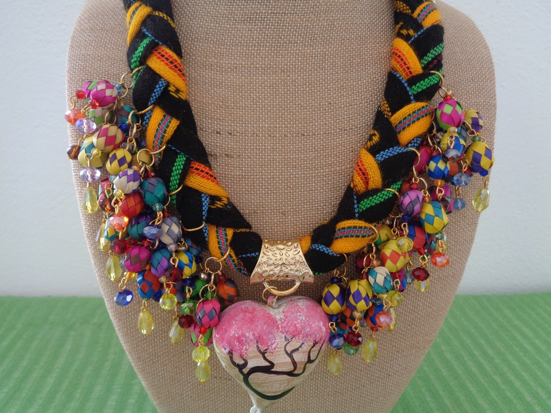 Mexican Artisanal Jewelry, Palm Leaf and Mexican Fabric Necklace W ...