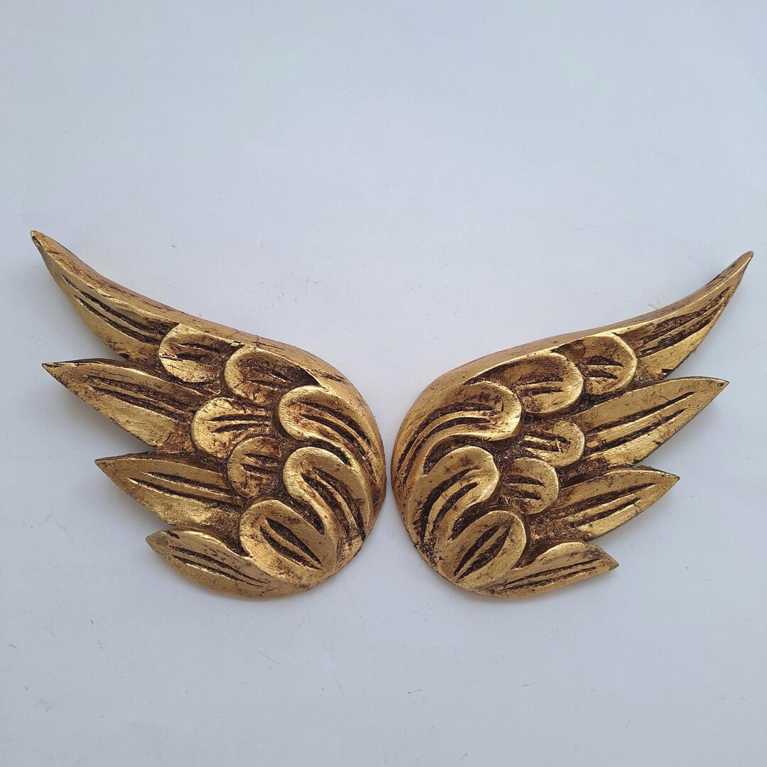Gold Leaf Angel Wings, Hand-carved Pine Wood, Boho Wall Decor, Set of 2 ...
