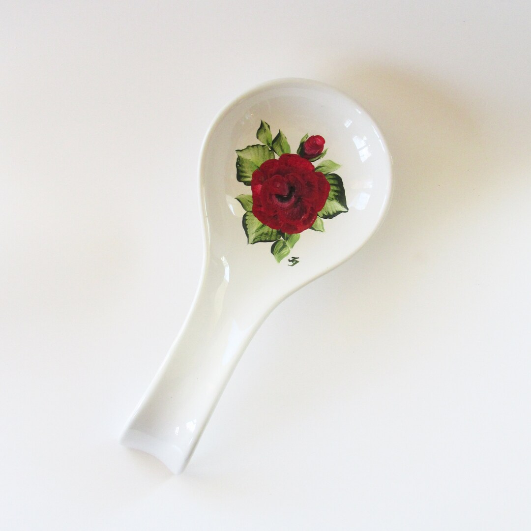 Hand-painted Rose Spoon Rest, Red Rose Flowers on White Porcelain ...