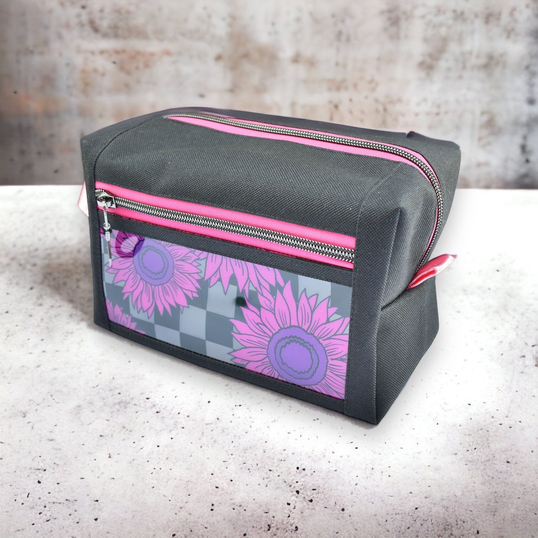 Floral Checker Makeup Bag, Black & Pink Dopp Kit, Women's Dopp Kit ...