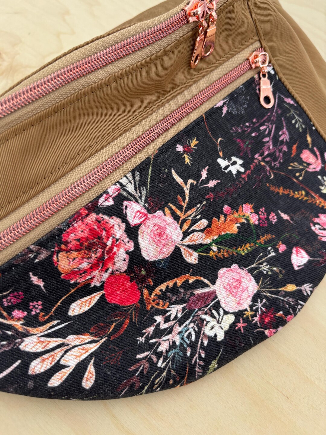 Oversized Fanny Pack, Floral Print Denim and Tan Lux Nylon, Packable ...