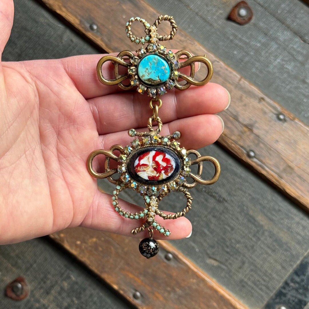 Rare Vintage Bow Brooch; Turquoise, Murano Art Glass & AB Rhinestones ...