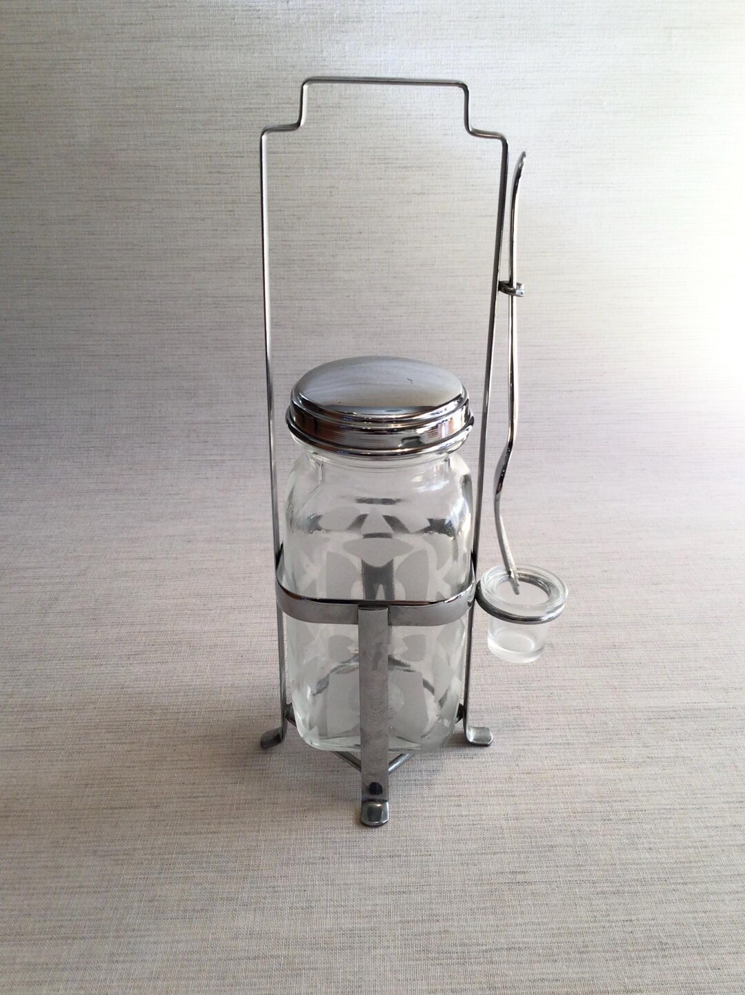 Vintage Pick a Dilly Pickle Jar Etched Glass Chrome Condement Caddy ...