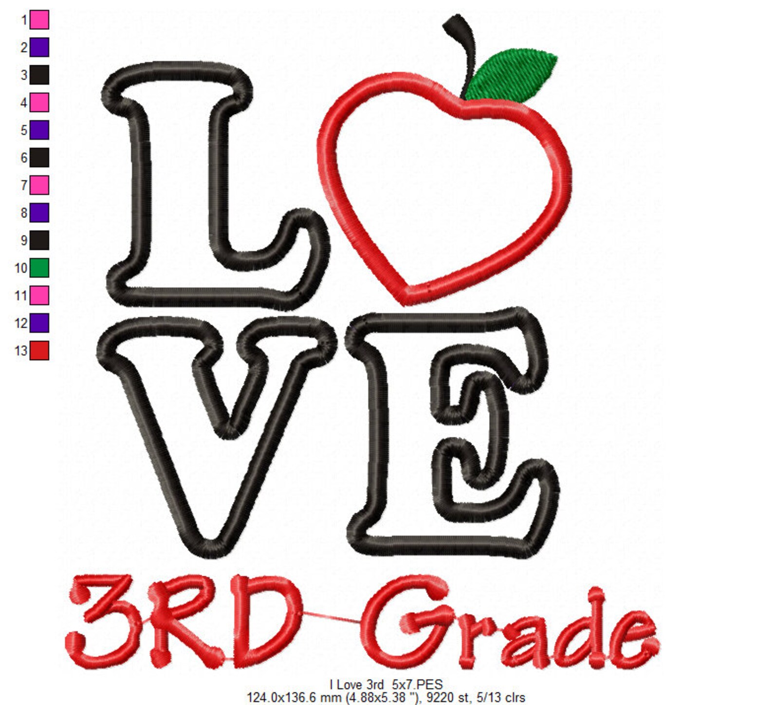 LOVE 3RD Third Grade Apple Applique Machine Embroidery Design - Etsy