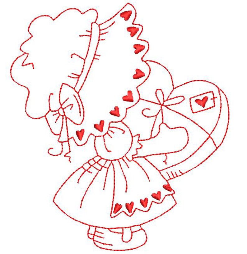 Sunbonnet Sue Valentine Redwork Machine Embroidery Design - Etsy