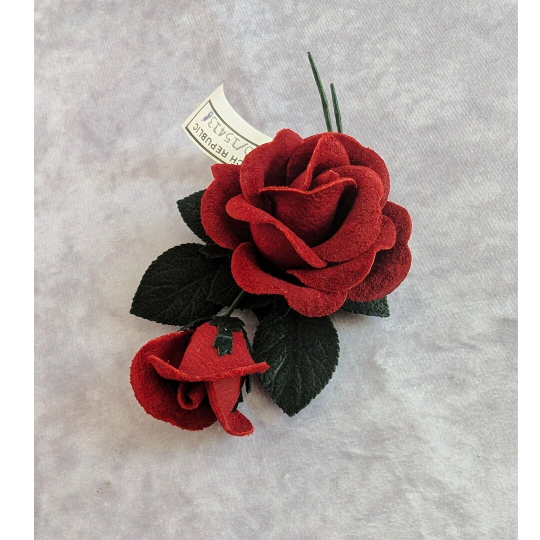 Red Leather Rose Brooch With Leaves and Pin Vintage Handmade European ...