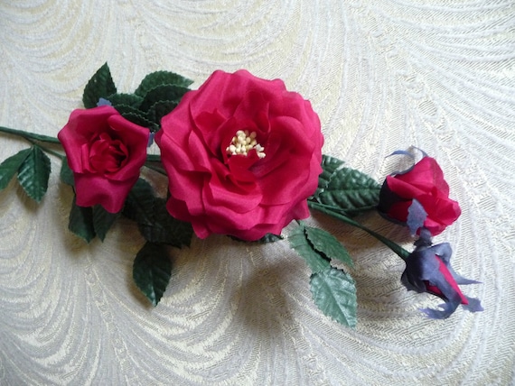 Vintage Silk Rose and Buds Long Stem Rich Red Millinery - Etsy