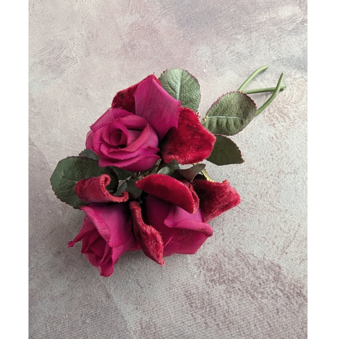 Vintage French Roses With Pin Dark Red Satin and Velvet Millinery ...