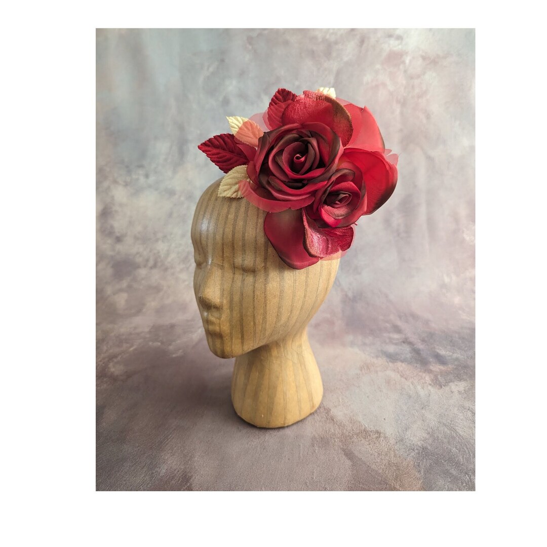 7" Shaded Red Silk and Velvet Rose Cluster Handmade With Leaves for ...