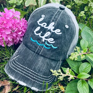 Personalized Lake Hats Lake Life Embroidered Distressed Trucker Caps ...