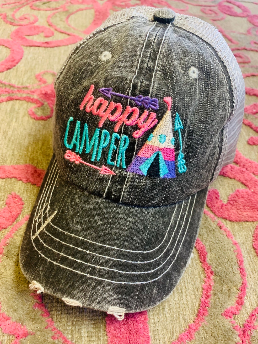 Camp Hats Happy Camper Embroidered Distressed Trucker Caps Kids Boys Girls Women Men Unisex - Etsy