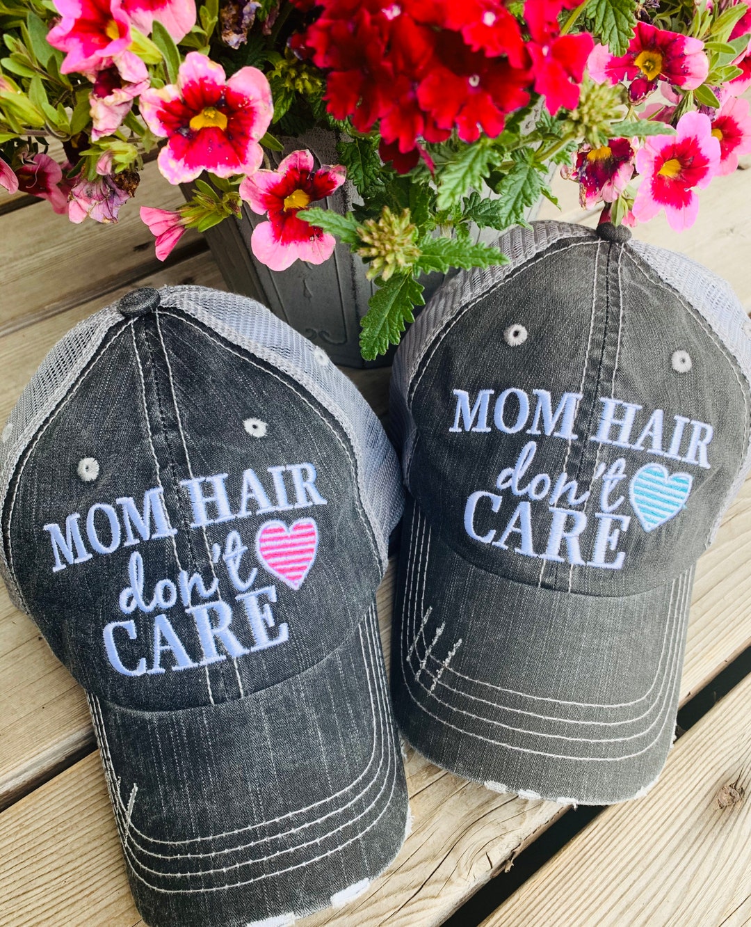 Mom Hats Mom Hair Dont Care Pink or Teal Heart Gray Embroidered ...