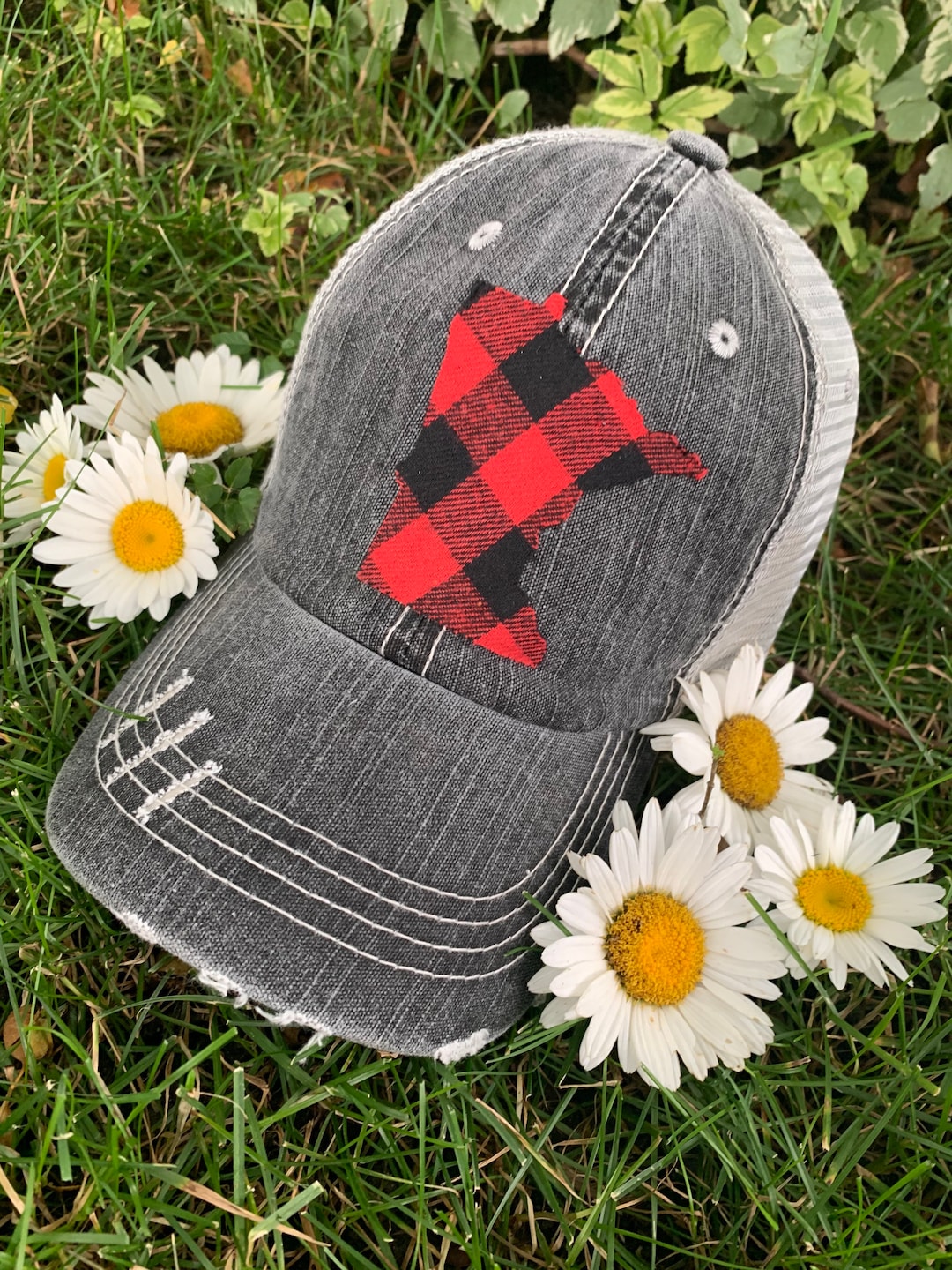 State Hats Gray Distressed Trucker Baseball Caps Buffalo Plaid State ...