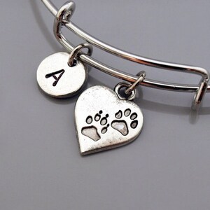 Dog Paw Print Bangle, Paw Bracelet, Dog Paw Heart, Expandable Bangle ...
