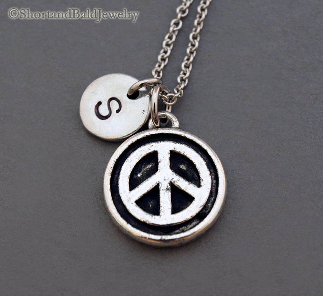 Peace Sign Necklace, Peace Symbol Necklace, Silver Peace Sign, Initial ...