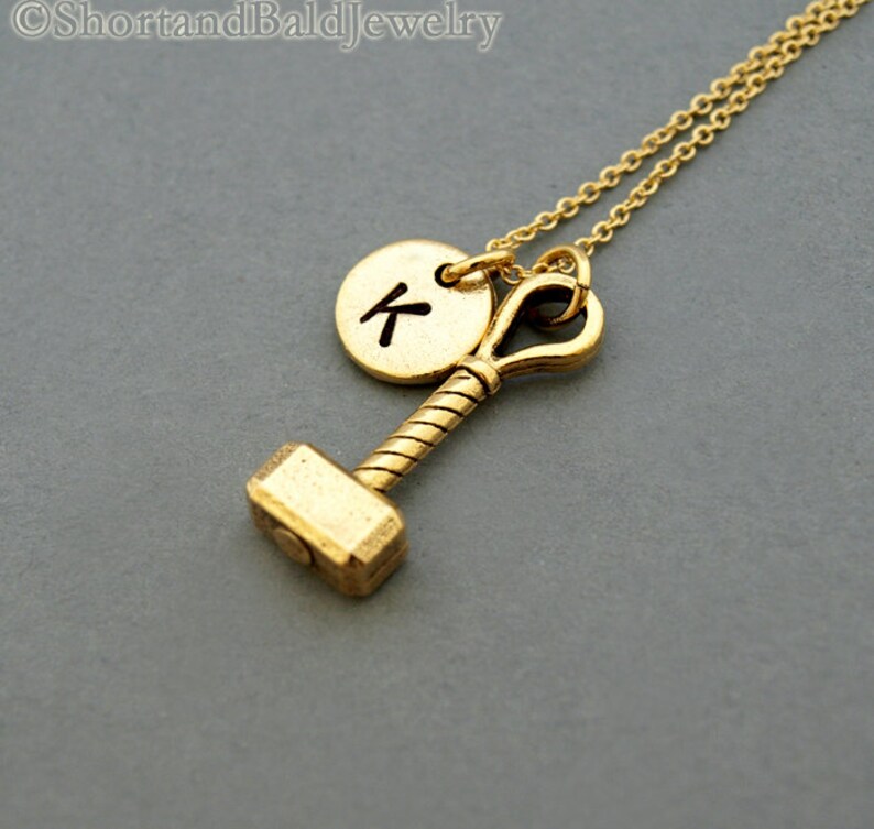 Thor's Hammer Necklace, Hammer of Thor, Mjölnir, Antique Gold, Initial ...