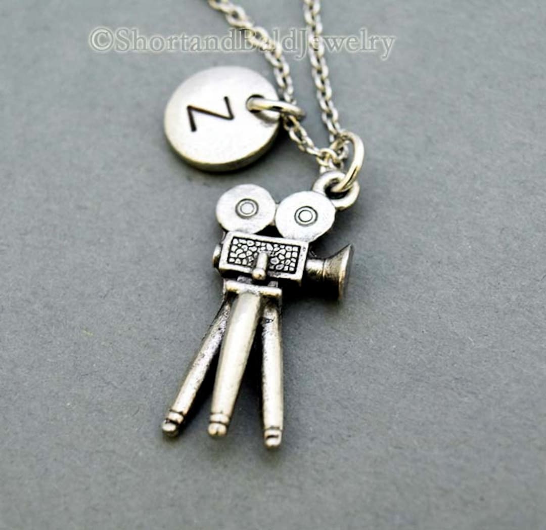 Movie Camera Necklace, Film Necklace, Initial Necklace, Initial Hand ...