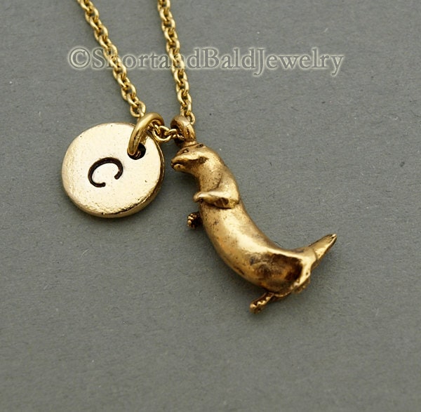 Otter Charm Necklace Sea Otter Antique Gold Initial - Etsy