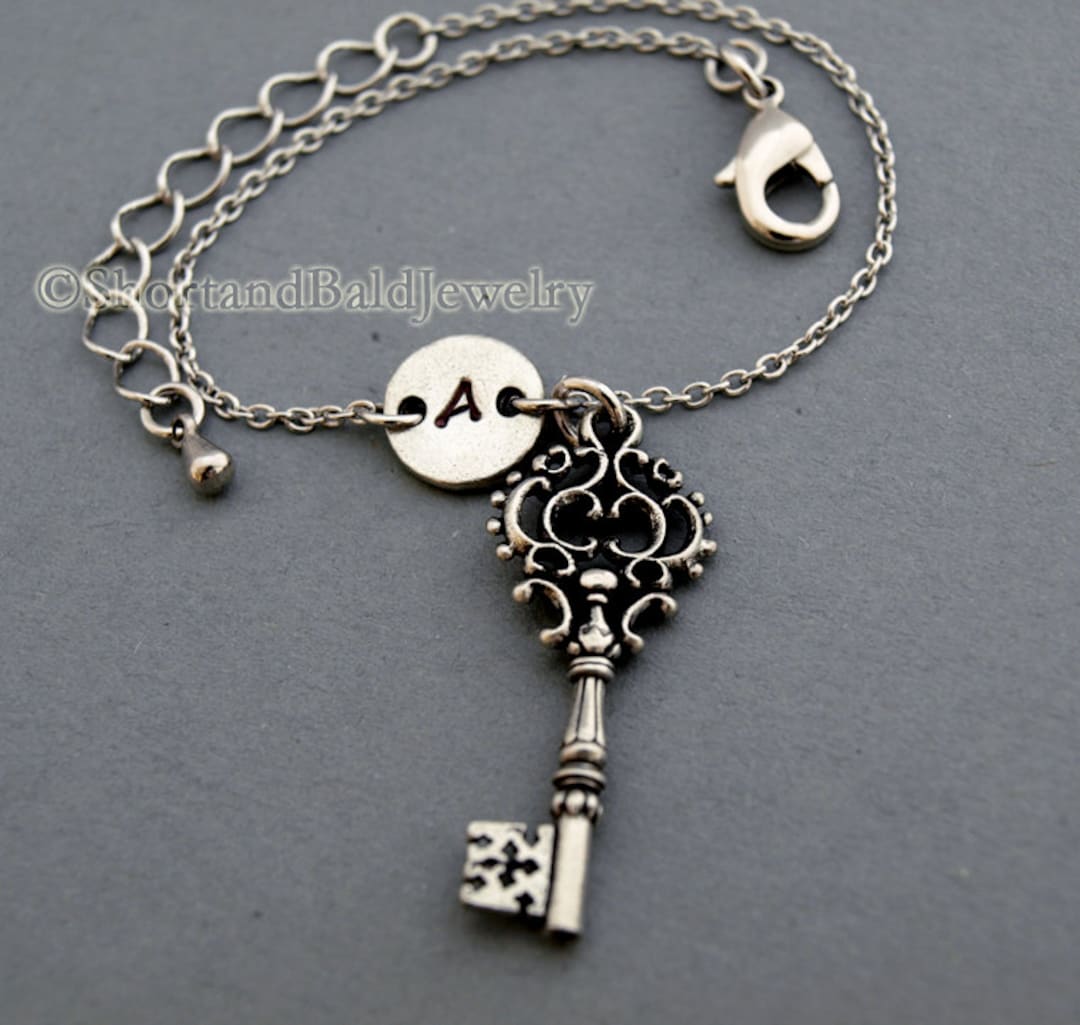 Antique Key Charm Bracelet, Antique Silver, Initial Bracelet ...