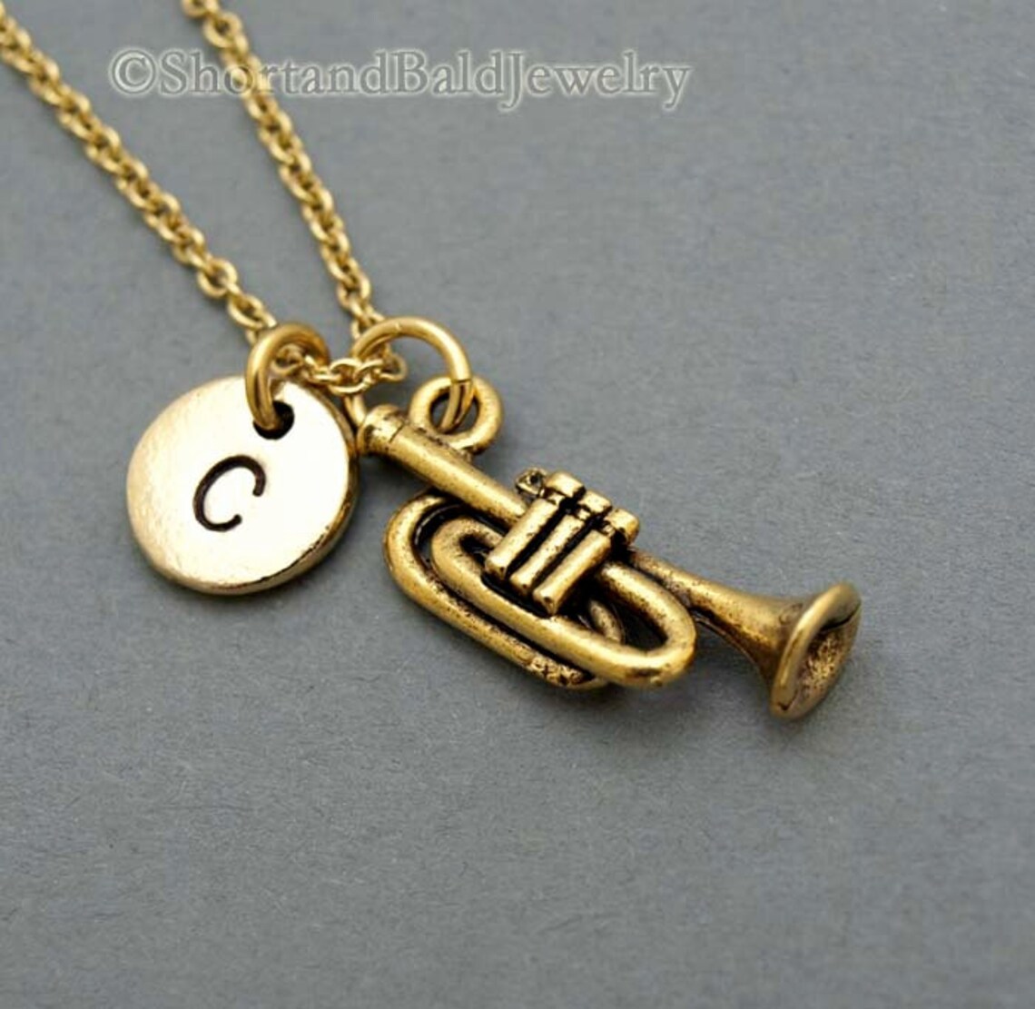 Trumpet Necklace Instrument Musician Antique Gold Initial - Etsy