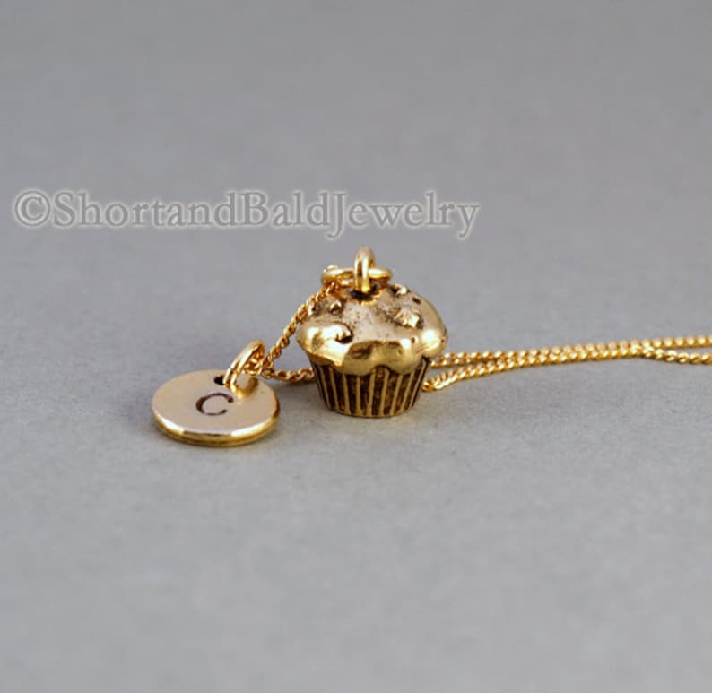 Cupcake Necklace, Muffin Necklace, Antique Gold, Initial Necklace ...
