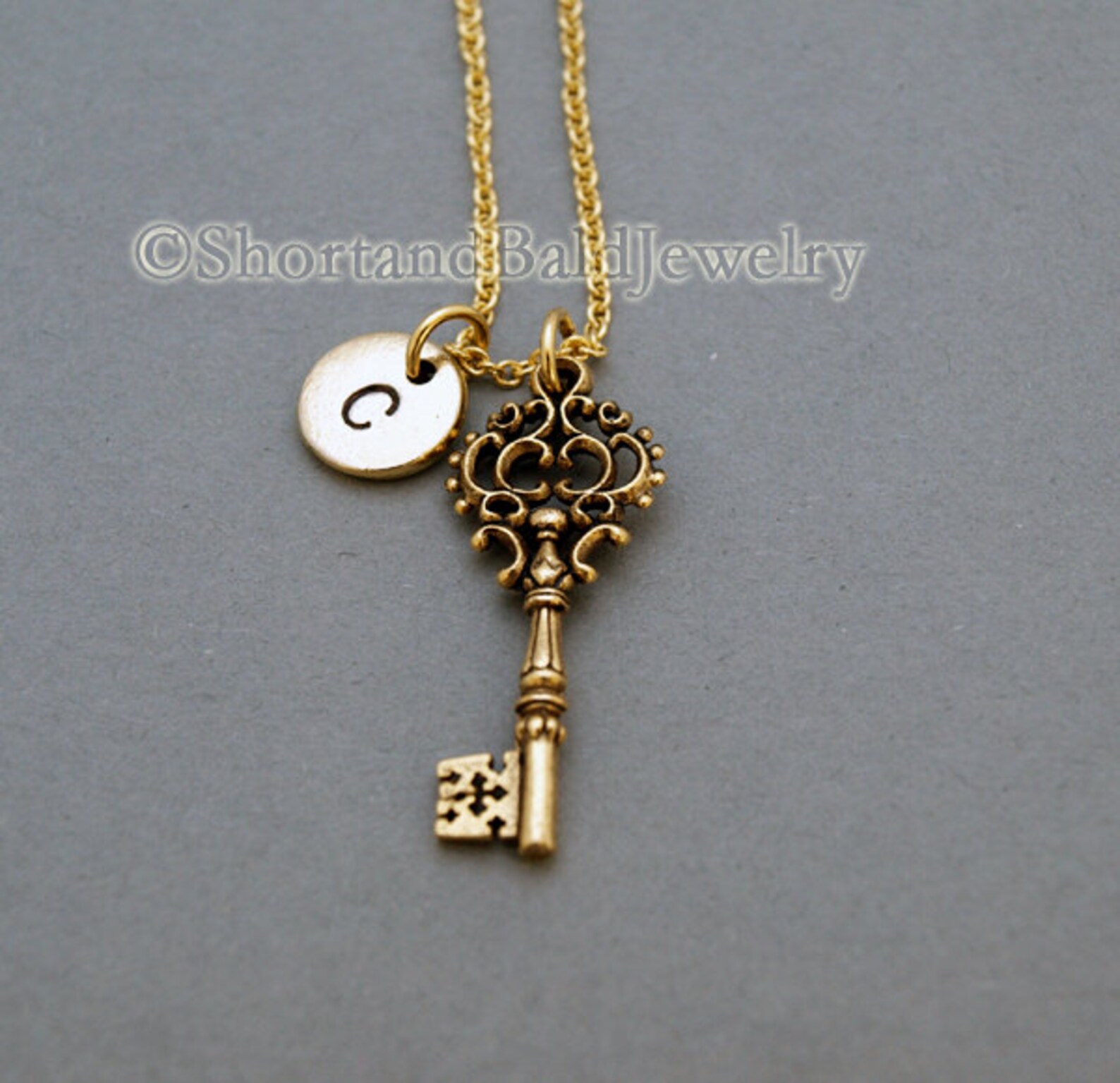 Antique Key Charm Antique Key Necklace Antique Gold Initial - Etsy
