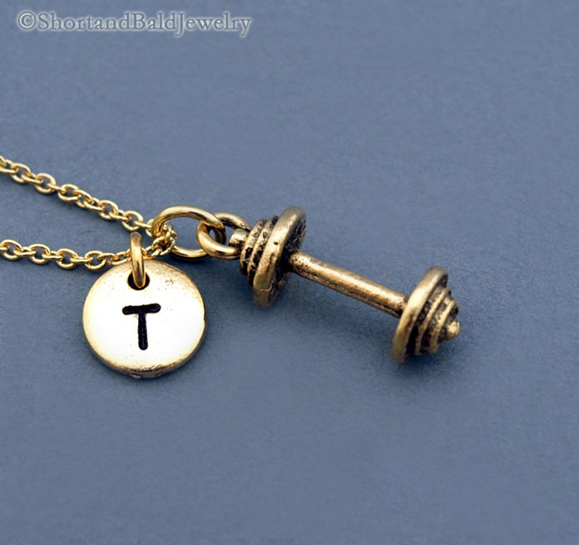 Barbell Necklace, Barbell Charm, Fitness, Weightlifting, Antique Gold ...