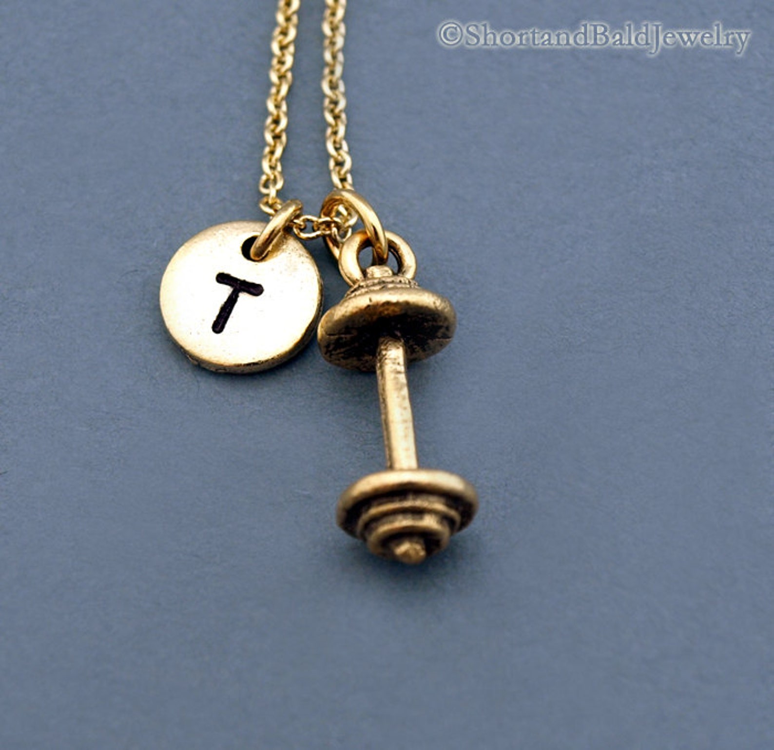 Barbell Necklace, Barbell Charm, Fitness, Weightlifting, Antique Gold ...