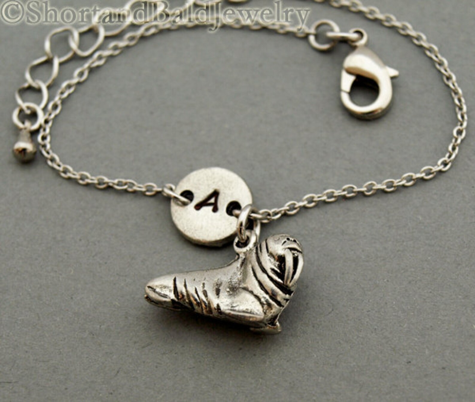Walrus Charm Bracelet Antique Silver Initial Bracelet - Etsy