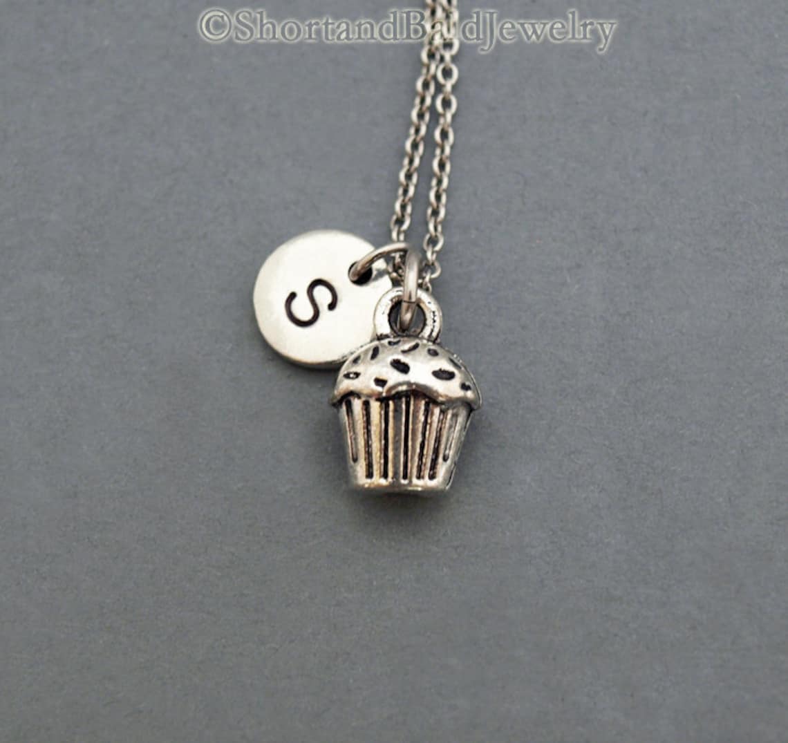 Cupcake Necklace, Cupcake Charm, Muffin Necklace, Initial Necklace ...