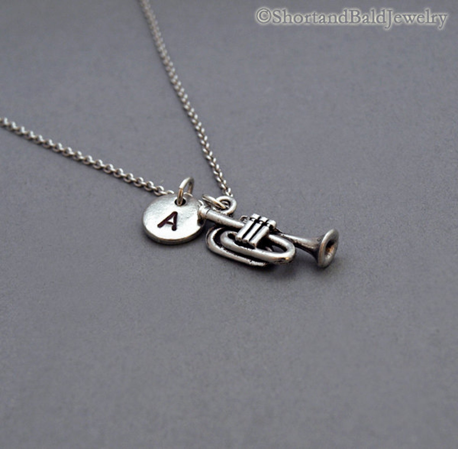 Trumpet Charm Necklace, Brass Instrument, Musician, Initial Necklace ...