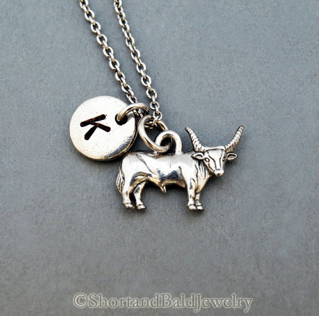 Bull Charm Necklace, Bulls Necklace, Initial Necklace, Initial Hand ...