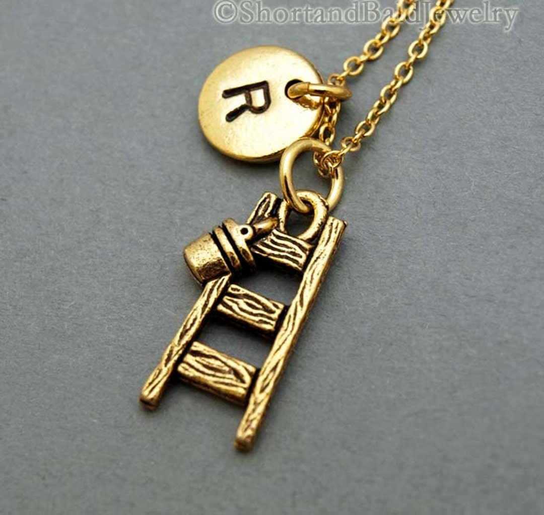 Ladder Necklace, Ladder Paint Bucket Charm, Antique Gold, Initial ...