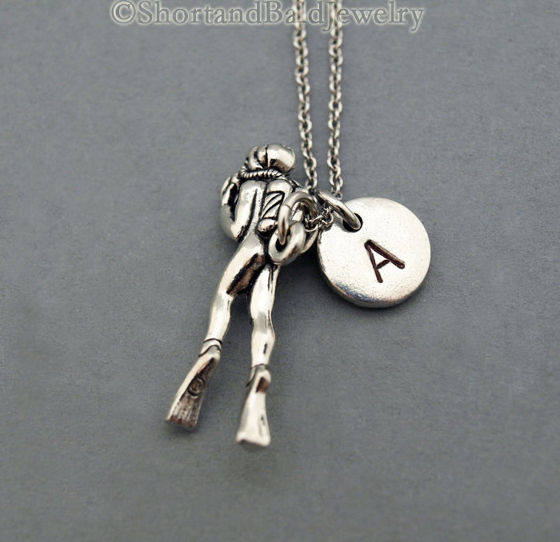 Diver Necklace, Scuba Diving, Antique Silver, Initial Necklace, Initial ...