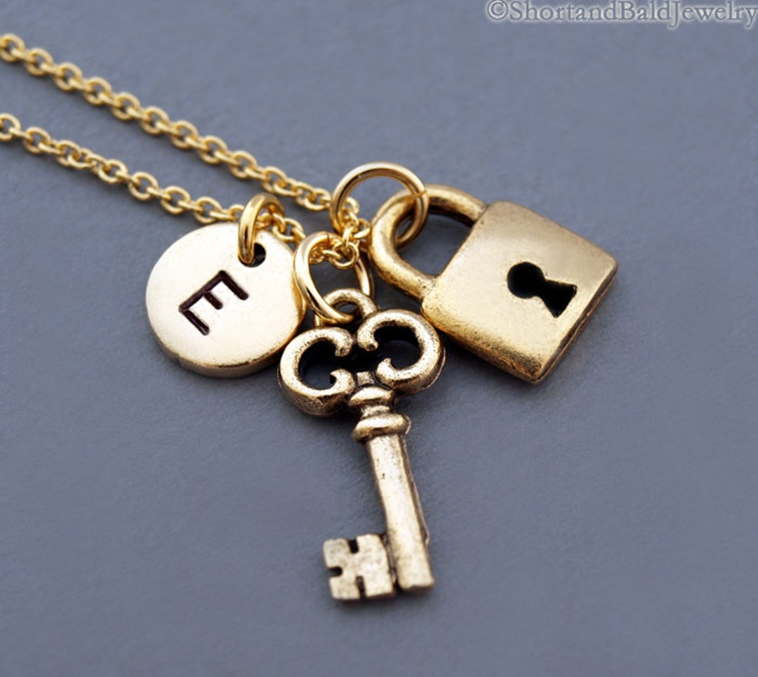 Padlock Charm Necklace, Antique Key Necklace, Gold Padlock, Gold ...