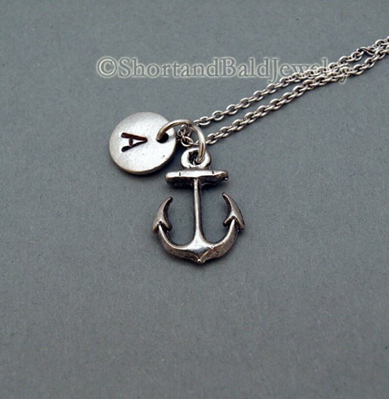 Anchor charm Nautical antique silver initial necklace | Etsy