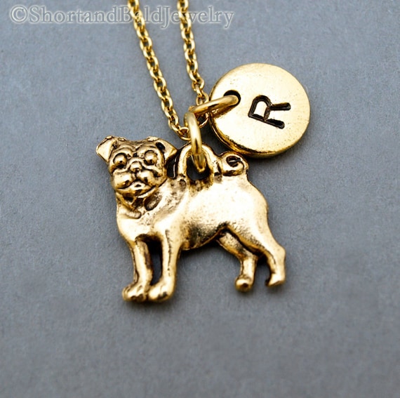 Pug Necklace Pug Charm Necklace Personalized Pug Pug Dog Antique Gold Initial Necklace Initial Hand Stamped Personalized Monogram Etsy