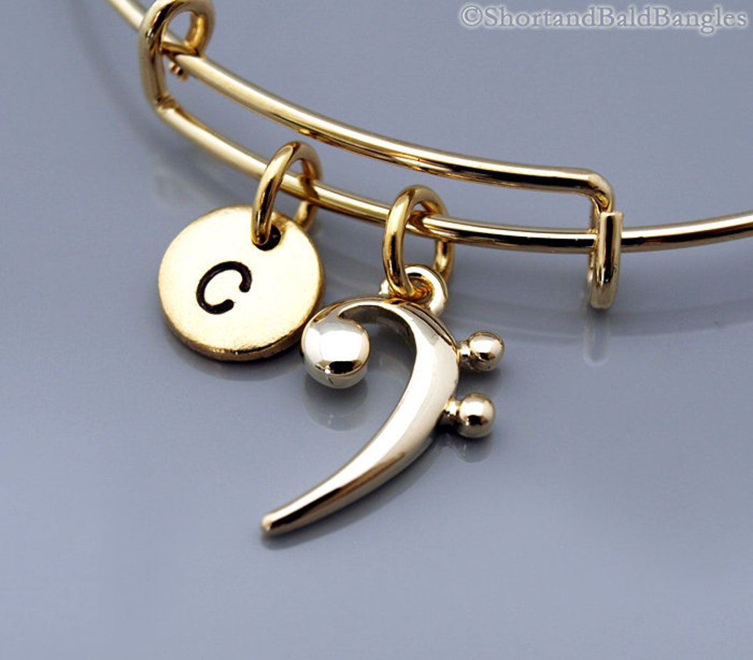 Bass Clef Charm Bangle, Bass Clef Bracelet, Music Charm, Gold Bass Clef ...