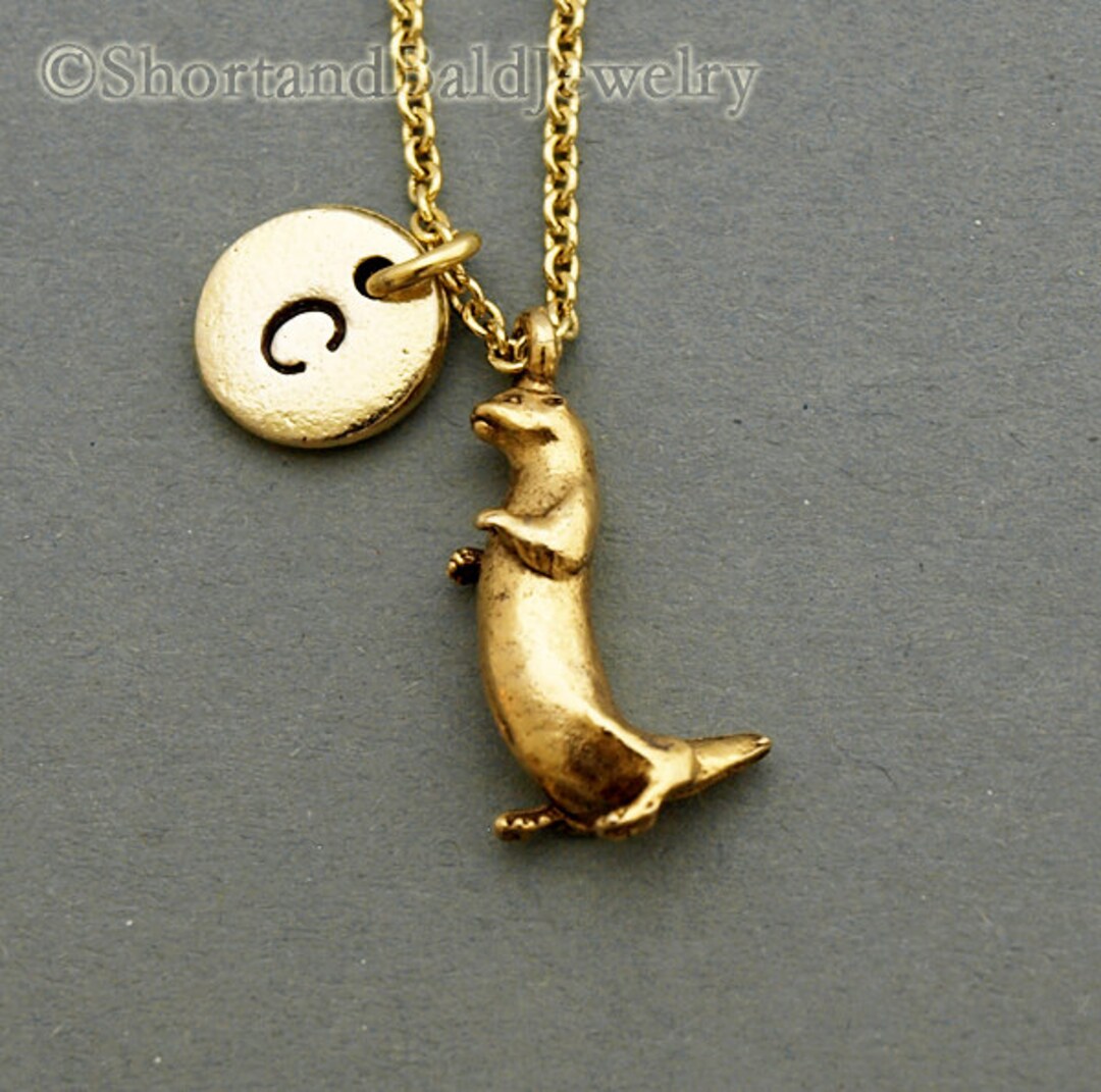 Otter Charm Necklace, Sea Otter, Antique Gold, Initial Necklace ...
