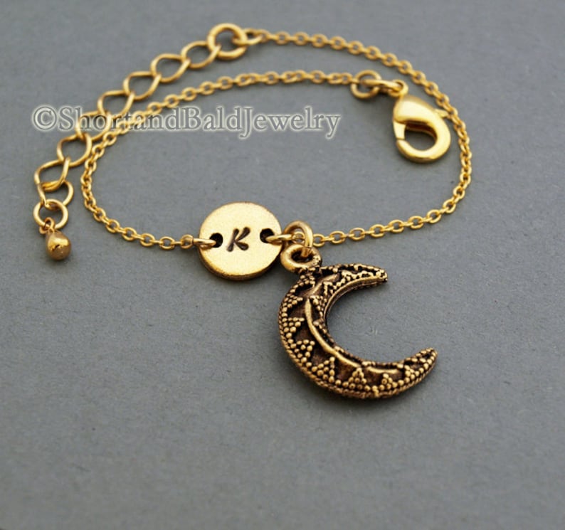 Crescent Moon Charm Bracelet Antique Gold Initial Bracelet - Etsy
