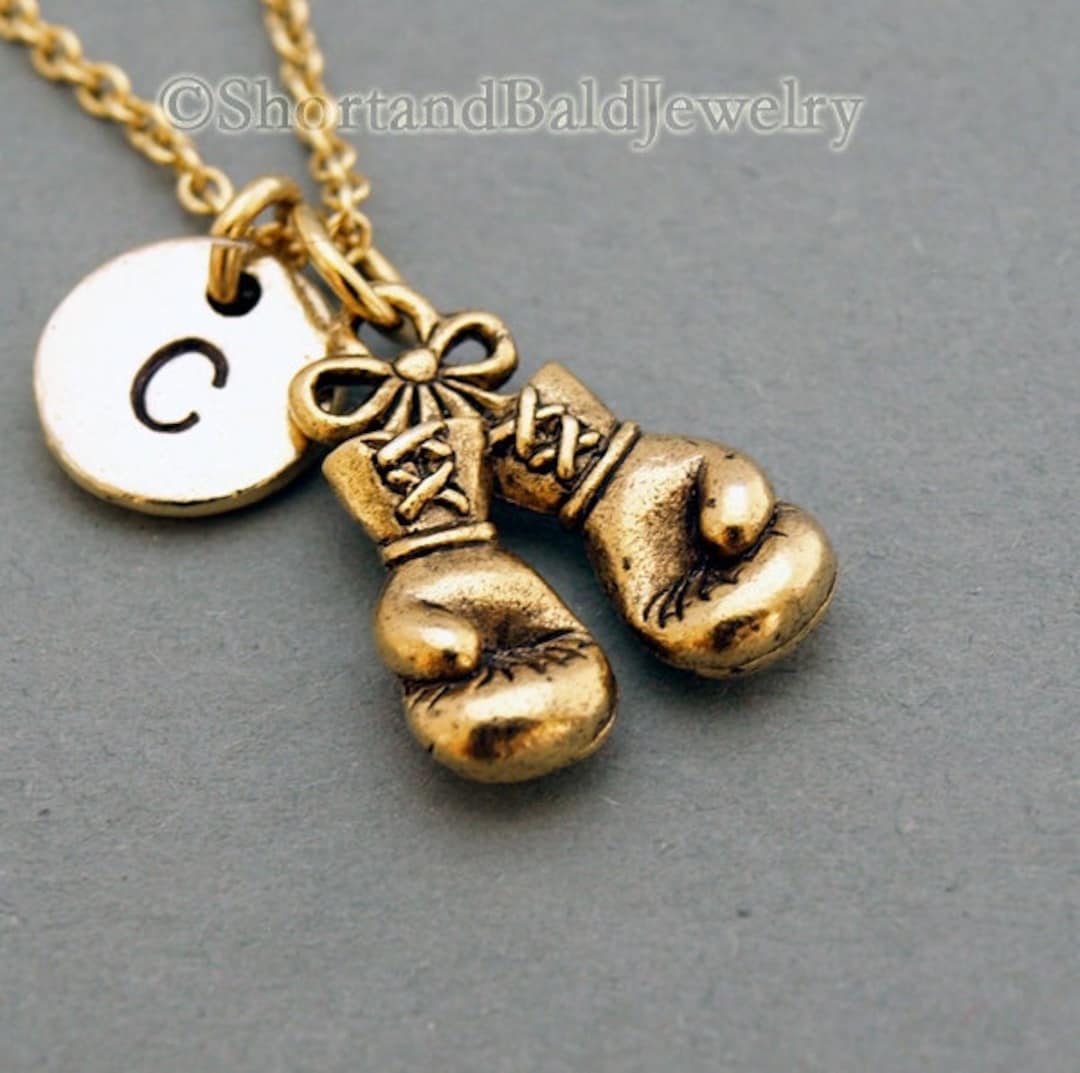 Boxing Gloves Necklace, Boxing Glove Charm, Antique Gold, Initial ...