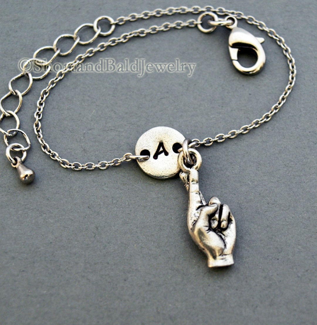 Fingers Crossed Sign Language Bracelet, Antique Silver, Initial ...