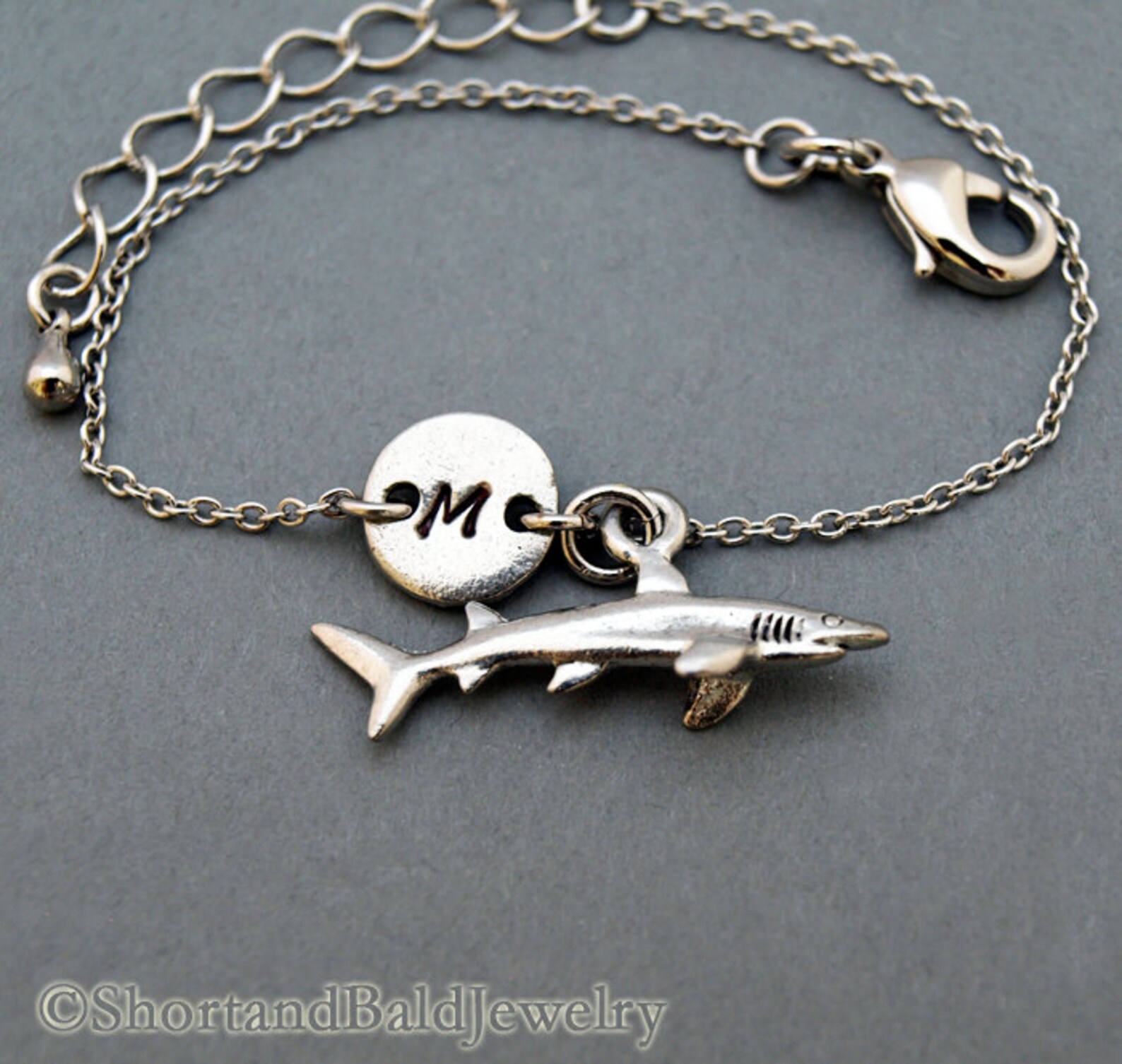 Shark Charm Bracelet, Antique Silver, Initial Bracelet, Friendship ...