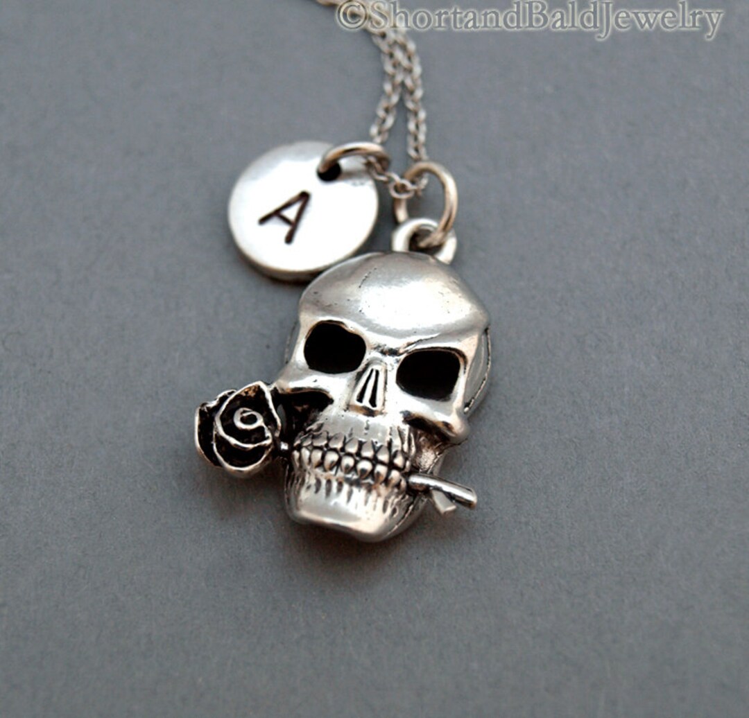 Skull and Rose Necklace, Skull With Rose, Skull Holding Rose, Initial ...