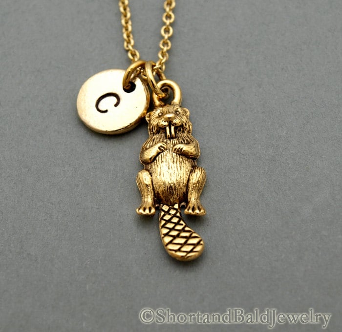 Beaver Necklace, Beaver Charm, Antique Gold, Initial Necklace, Initial ...