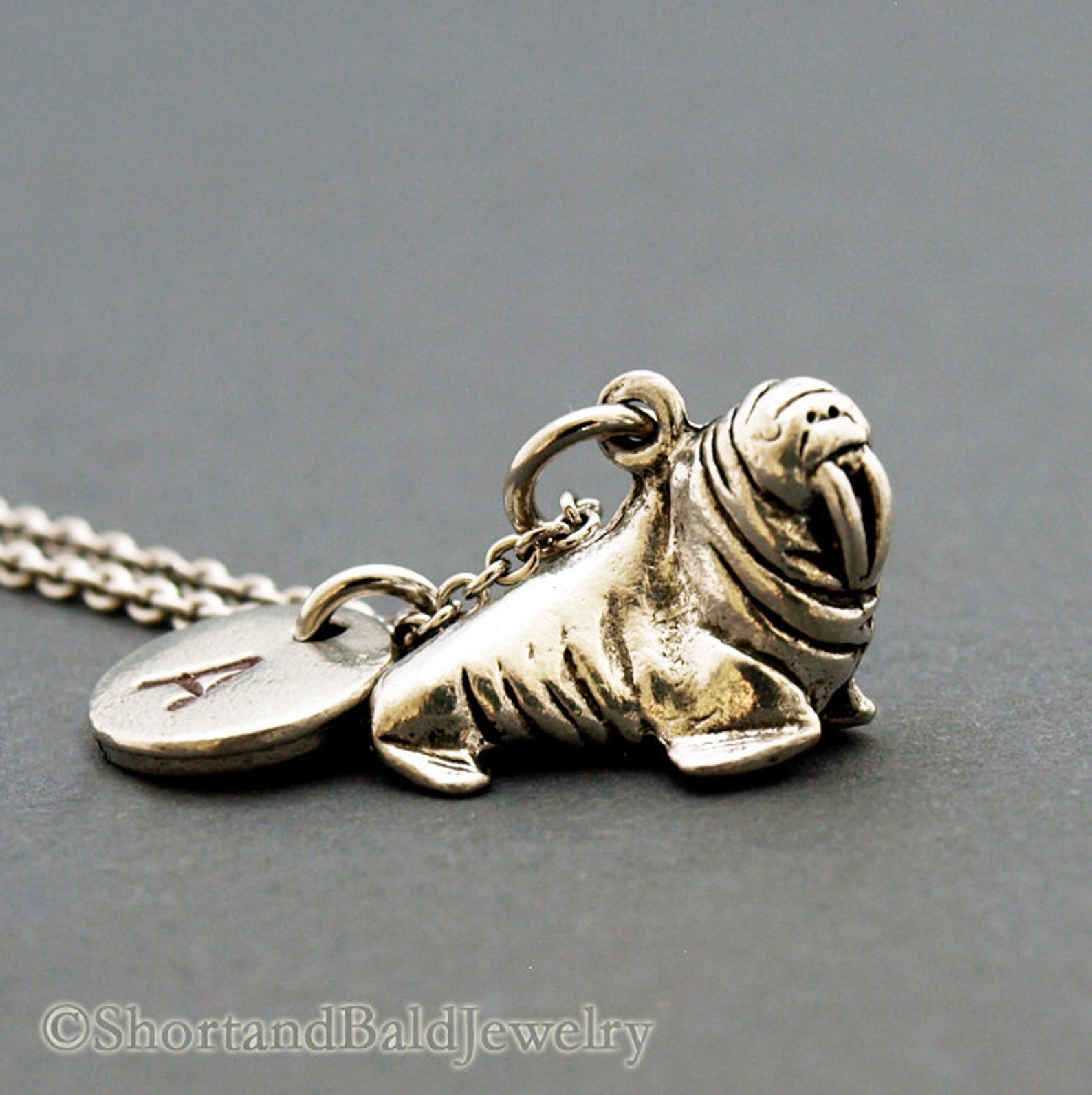 Walrus Charm, Walrus Necklace, Initial Necklace, Initial Hand Stamped ...