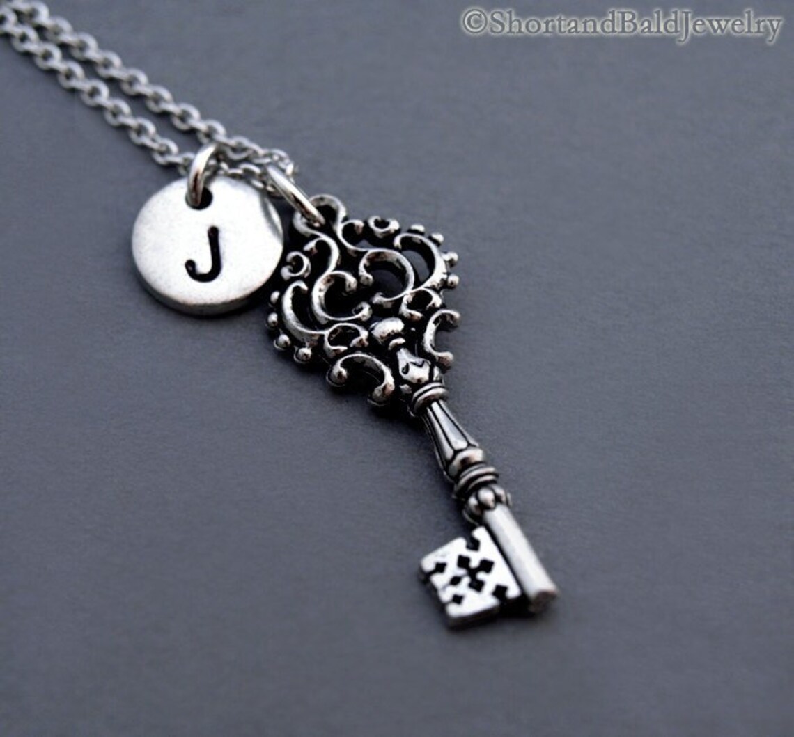 Antique Key Charm Necklace Antique Key Necklace Initial - Etsy